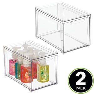 mDesign Plastic Stackable Bathroom Storage with Pull Out Bin Organizer Drawer for Cabinet, Vanity, Shelf, Cupboard, Cabinet, or Closet Organization - Lumiere Collection - 2 Pack - Clear