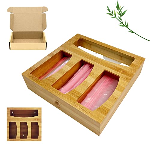 Ziplock Bag Storage Organizer- Bamboo material dispenser, Food storage baggies Suitable for Gallon, Quart, Sandwich, Snack Size Bags, (1 box 4 slots)