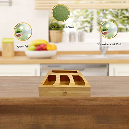 Ziplock Bag Storage Organizer- Bamboo material dispenser, Food storage baggies Suitable for Gallon, Quart, Sandwich, Snack Size Bags, (1 box 4 slots)