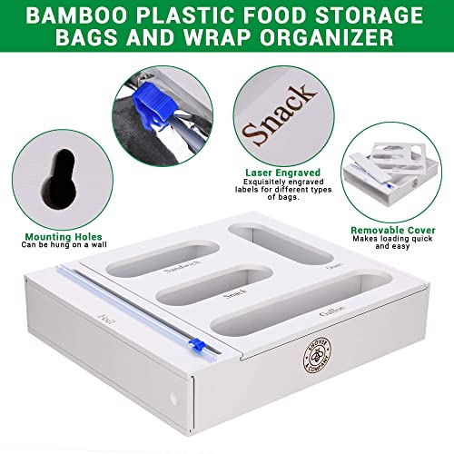 White Bamboo Plastic Bag & Food Wrap Organizer compatible with Ziploc Bags (Gallon, Quarter, Half-Gallon and Snack Sized), Saran Wrap, Tin Foil Organizer and Food Wrap Organizer