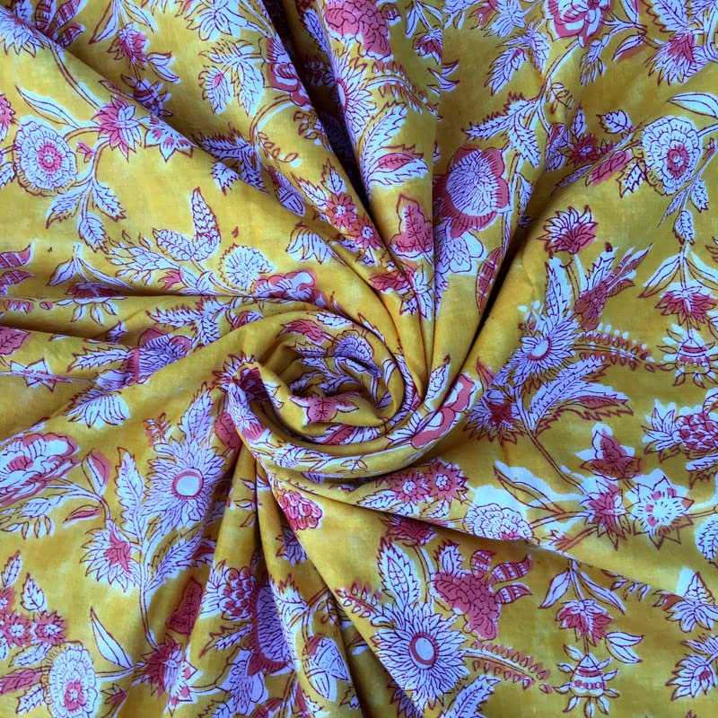 E-Tailor® Cotton Floral Print Cotton Fabric by Yard, Natural Dyes Sanganeri Indian Cotton Fabric Hand Block Printed Handmade Cotton Fabric-1 Yard-Floral-Mustard Yellow