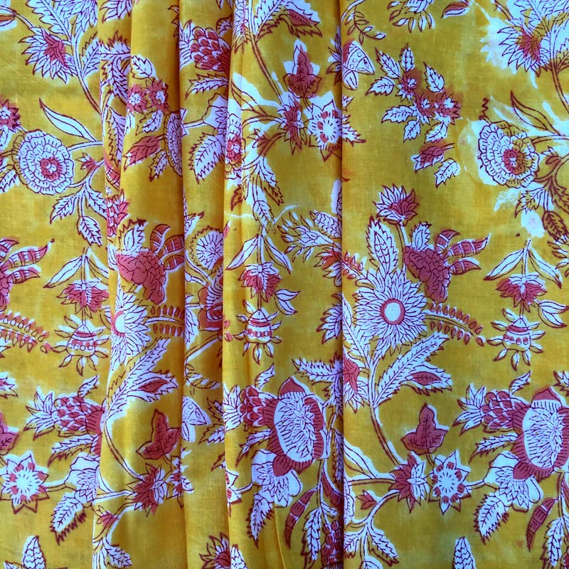 E-Tailor® Cotton Floral Print Cotton Fabric by Yard, Natural Dyes Sanganeri Indian Cotton Fabric Hand Block Printed Handmade Cotton Fabric-1 Yard-Floral-Mustard Yellow