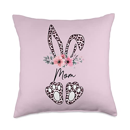 Cute Mom Easter Bunny Floral Crown Leopard Print Mom Bunny Floral Crown Leopard Print Happy Easter Throw Pillow, 18x18, Multicolor