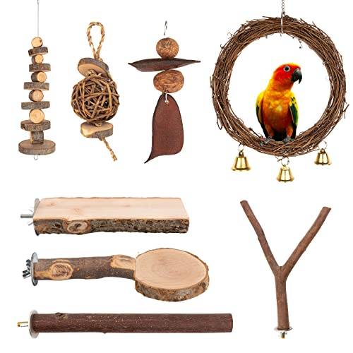 8pack Natural Wood Parrot Toys Set,Including Bird Perches,Bird Swing,Flat Bird Perch,Bird Chewing Toys.Bird Cage Accessories Suitable for Parakeets,Cockatiels,Finches,Budgie,Love Birds (8-Pack)