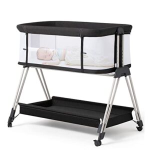 fodoss baby bassinet bedside sleeper with wheels and storage tray,4-sided mesh bedside bassinet co sleeper for infant/newborn,7 height adjustable easy folding bedside crib