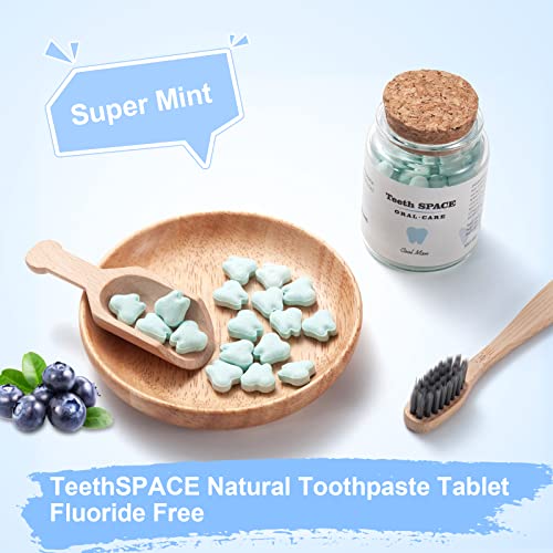 TeethSPACE Eco Friendly Travel Size Toothpaste Tablets,Teeth Whitening&Fresh Breath,Natural Blueberry Flavor,Fluoride Free,TSA Compliant,Plastic-Free,65 Tablets