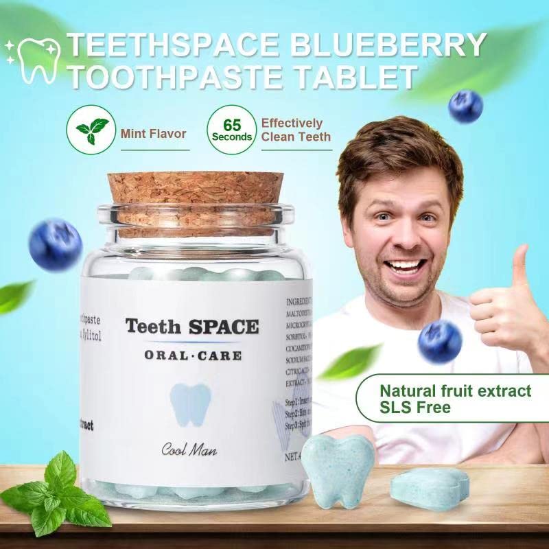 TeethSPACE Eco Friendly Travel Size Toothpaste Tablets,Teeth Whitening&Fresh Breath,Natural Blueberry Flavor,Fluoride Free,TSA Compliant,Plastic-Free,65 Tablets