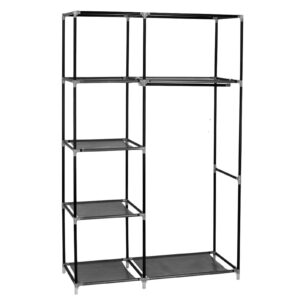 64" Portable Closet Wardrobe, Freestanding Closet Wardrobe with Non-Woven Fabric, Closet Storage Organizer with 6 Shelves and 1 Clothes Hanging Rails, Easy to Assemble (41.3" x 18" x 64", Black)