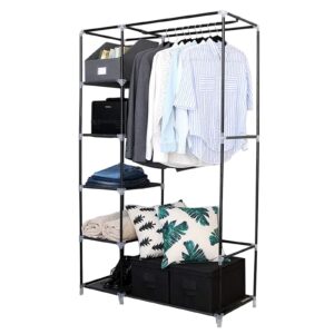 64" Portable Closet Wardrobe, Freestanding Closet Wardrobe with Non-Woven Fabric, Closet Storage Organizer with 6 Shelves and 1 Clothes Hanging Rails, Easy to Assemble (41.3" x 18" x 64", Black)