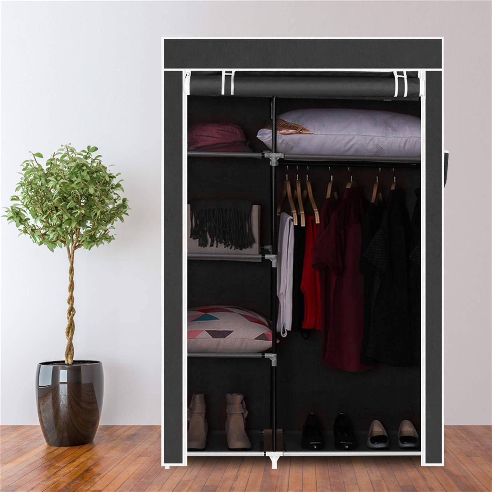 64" Portable Closet Wardrobe, Freestanding Closet Wardrobe with Non-Woven Fabric, Closet Storage Organizer with 6 Shelves and 1 Clothes Hanging Rails, Easy to Assemble (41.3" x 18" x 64", Black)