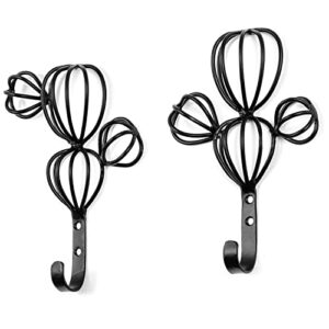 MyGift Wall Mounted Matte Black Metal Coat Hook with Wire 3D Cactus Shaped Design, Entryway Organizer Hanging Hooks, Set of 2