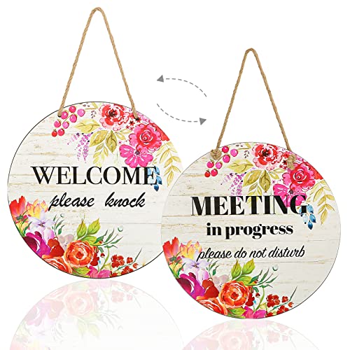 Capaniel Double-Side Meeting Do Not Disturb Door Sign- 12" Welcome Please Knock Hanging Decorative Wood Sign In a Meeting Sign for Office Door Meeting Room Home Study, Law Firms, Hotels