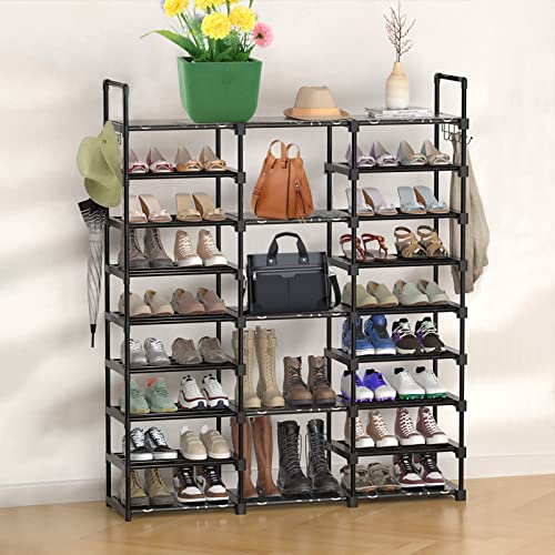 RIRPUAE 9-Tier Shoe Rack Storage Organizer, Shoe Shelf for Holds 50-55 Pairs Large Shose Stand with Adjustable Side Hooks for Entryway and Hallway