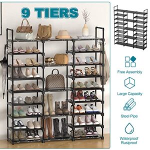 RIRPUAE 9-Tier Shoe Rack Storage Organizer, Shoe Shelf for Holds 50-55 Pairs Large Shose Stand with Adjustable Side Hooks for Entryway and Hallway