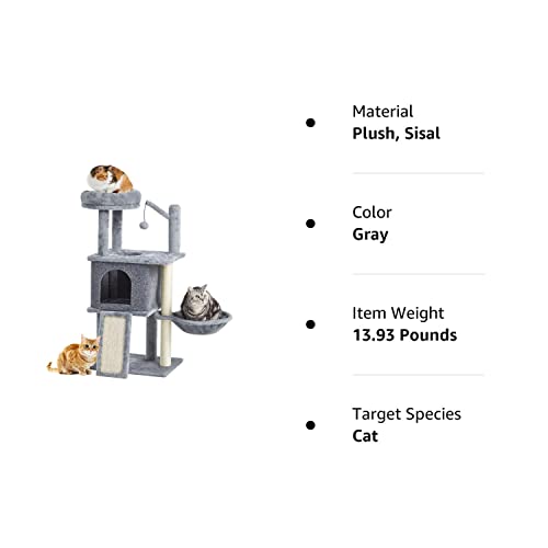 TSCOMON 36.6" Multi-Level Cat Tree Cat Tower for Indoor Cats, Plush Perch with Cat Condos and Scratching Posts with Hammock Basket and Hanging Ball, Grey