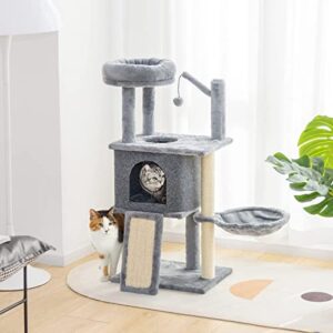 TSCOMON 36.6" Multi-Level Cat Tree Cat Tower for Indoor Cats, Plush Perch with Cat Condos and Scratching Posts with Hammock Basket and Hanging Ball, Grey