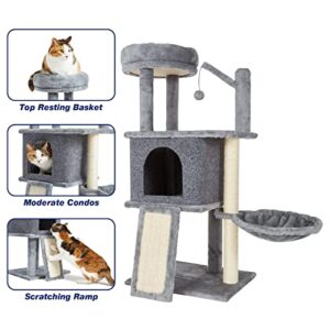 TSCOMON 36.6" Multi-Level Cat Tree Cat Tower for Indoor Cats, Plush Perch with Cat Condos and Scratching Posts with Hammock Basket and Hanging Ball, Grey