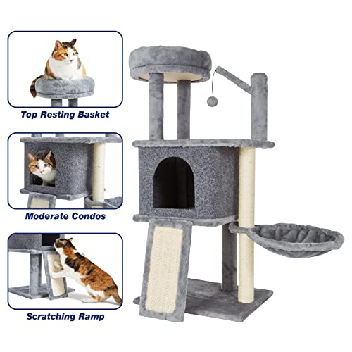 TSCOMON 36.6" Multi-Level Cat Tree Cat Tower for Indoor Cats, Plush Perch with Cat Condos and Scratching Posts with Hammock Basket and Hanging Ball, Grey