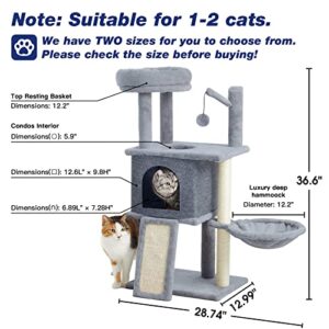 TSCOMON 36.6" Multi-Level Cat Tree Cat Tower for Indoor Cats, Plush Perch with Cat Condos and Scratching Posts with Hammock Basket and Hanging Ball, Grey