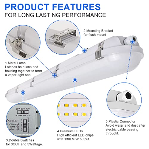 4FT LED Vapor Tight Light,40W-50W-60W Selectable 7800LM Vapor Proof Light 3CCT 3000K-4000K-5000K Tunable, Indoor Workshop Light, IP66 DLC ETL Approved for Cold Room, Car Wash, Parking Garage (12-Pack)