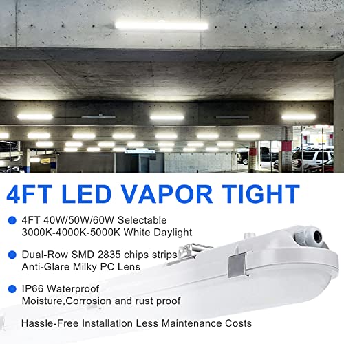 4FT LED Vapor Tight Light,40W-50W-60W Selectable 7800LM Vapor Proof Light 3CCT 3000K-4000K-5000K Tunable, Indoor Workshop Light, IP66 DLC ETL Approved for Cold Room, Car Wash, Parking Garage (12-Pack)