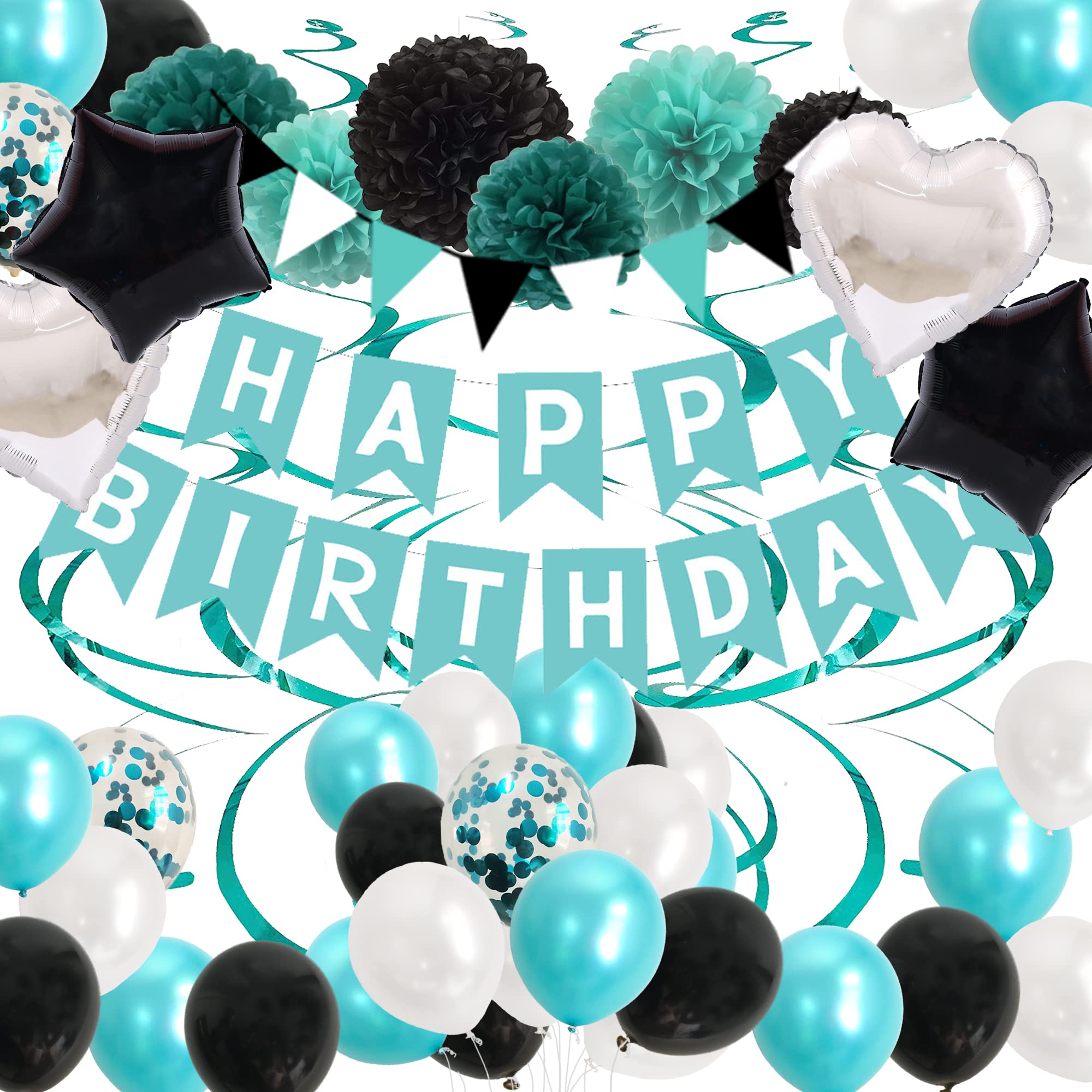 Blue Birthday Decorations for Women- Black Teal Turquoise White Birthday Balloons with Happy Banner Pom Poms Decor(Turquoise Green)