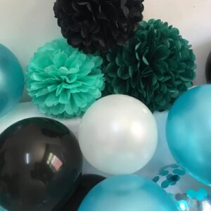 Blue Birthday Decorations for Women- Black Teal Turquoise White Birthday Balloons with Happy Banner Pom Poms Decor(Turquoise Green)