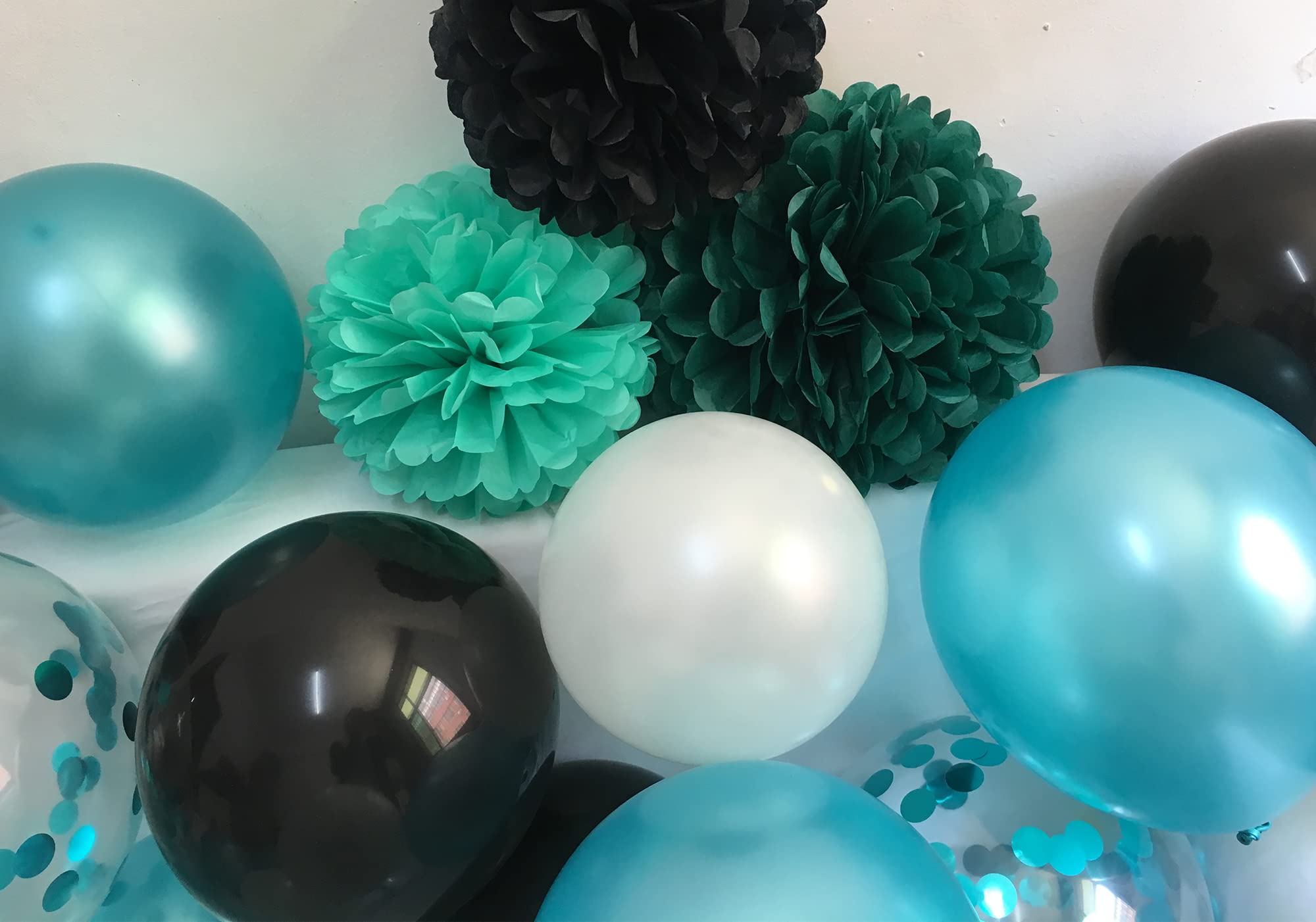 Blue Birthday Decorations for Women- Black Teal Turquoise White Birthday Balloons with Happy Banner Pom Poms Decor(Turquoise Green)