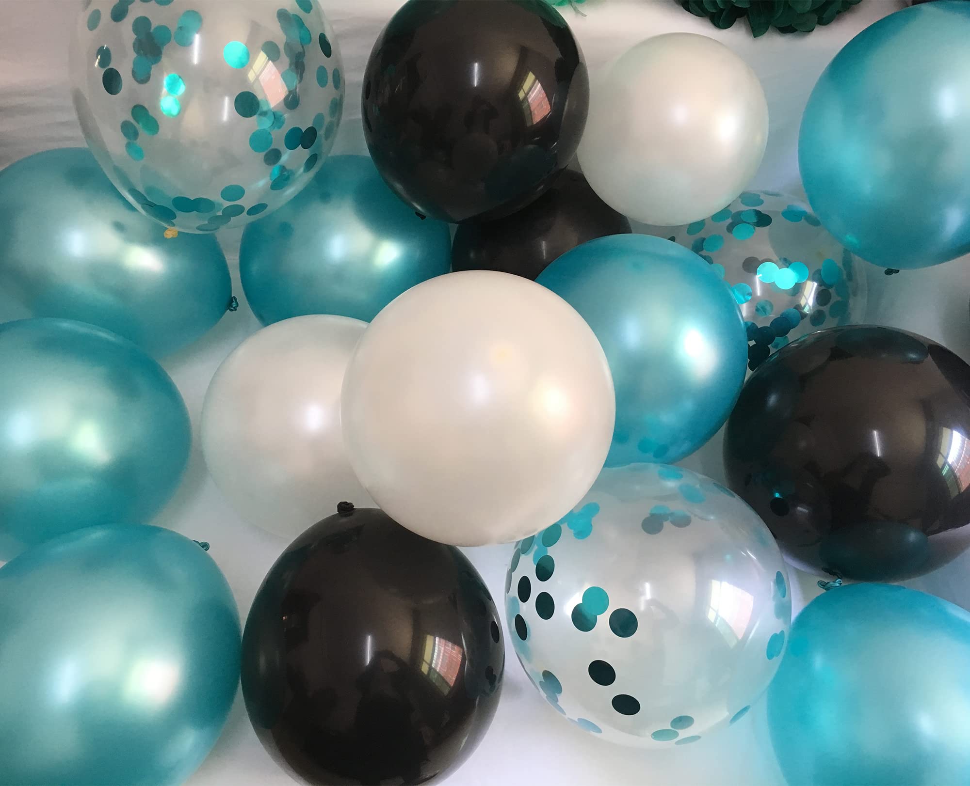 Blue Birthday Decorations for Women- Black Teal Turquoise White Birthday Balloons with Happy Banner Pom Poms Decor(Turquoise Green)