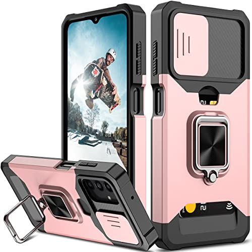 Nvollnoe for Samsung A13 5G Case with Sliding Camera Cover Heavy Duty Protective Galaxy A13 Case with Card Holder Magnetic Rotate Ring Kickstand Phone Case for Samsung A13 5G(Rose Gold)