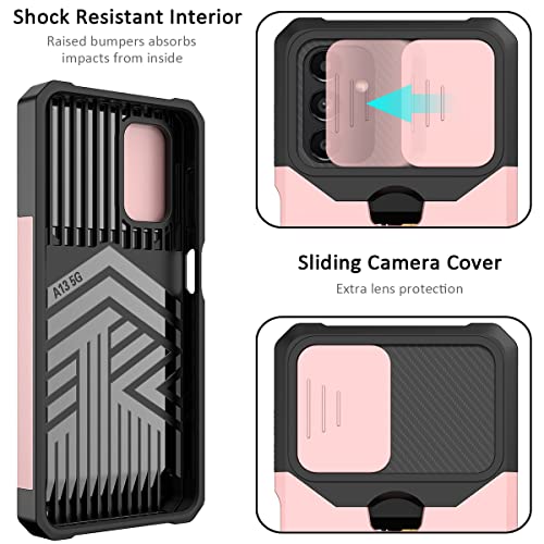 Nvollnoe for Samsung A13 5G Case with Sliding Camera Cover Heavy Duty Protective Galaxy A13 Case with Card Holder Magnetic Rotate Ring Kickstand Phone Case for Samsung A13 5G(Rose Gold)