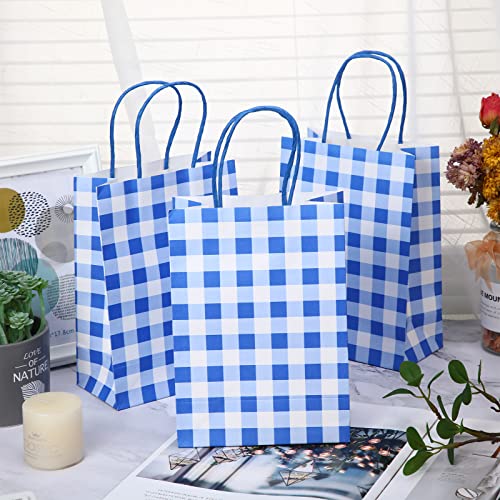 30 Pieces Gingham Gift Bags Kraft Paper Bag Christmas Buffalo Plaid Bag Present Bag Party Favor Bag with Handle Goody Bag for Christmas Birthday Party Supplies, 5.91 x 8.27 x 3.15 Inch(Blue White)