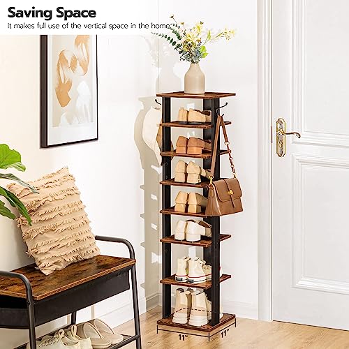 HOOBRO Vertical Shoe Rack, 8 Tier Shoe Storage Organizer with Hooks, Narrow Shoe Rack for 8 Pairs, Space Saving, Stable and Strong, for Entryway, Living Room, Bedroom, Rustic Brown BF07XJ01G1