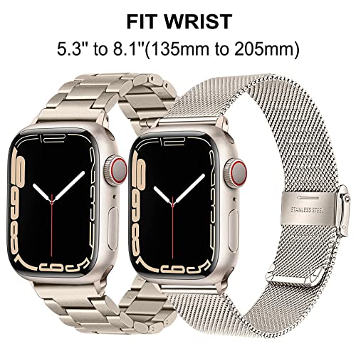 TRUMiRR Band Sets for Apple Watch Series 8 7 41mm Starlight Women, 2 Pack Solid Stainless Steel Watchband + Mesh Strap for iWatch SE Series 8 7 6 5 4 3 2 1 41mm 40mm 38mm