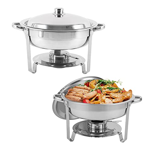 Restlrious 2 Packs Round Chafing Dishes Stainless Steel Chafers and Buffet Warmers Sets w/Water Pan, Food Pan, Fuel Holder and Lid 5 QT