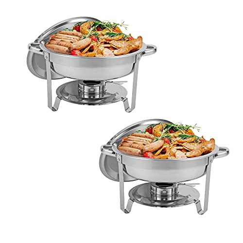 Restlrious 2 Packs Round Chafing Dishes Stainless Steel Chafers and Buffet Warmers Sets w/Water Pan, Food Pan, Fuel Holder and Lid 5 QT