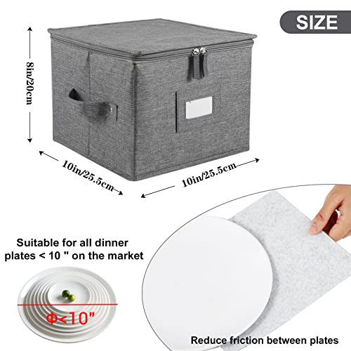 popoly China Storage Containers Inside 10" W x 8" H, Salad Plate Storage Box for Dishes Storage with 24 Felt Dividers, Hold 24 Plates, Hard Shell and Stackable (2 Pack Grey)