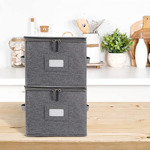 popoly China Storage Containers Inside 10" W x 8" H, Salad Plate Storage Box for Dishes Storage with 24 Felt Dividers, Hold 24 Plates, Hard Shell and Stackable (2 Pack Grey)