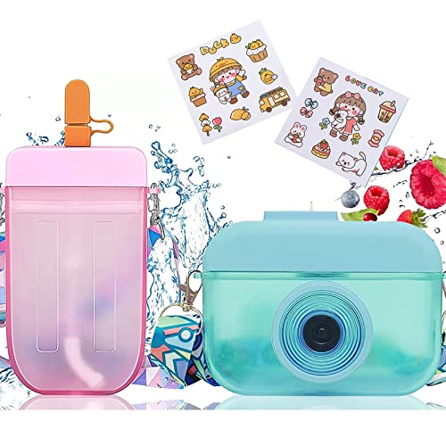 2 Pieces kawaii Water Bottles with Straw and Strap, Cute Plastic Camera Ice Cream Popsicle Cartoon Water Bottle Leakproof Water Cups Juice Drinking Bottle for School Girls Summer Outdoor