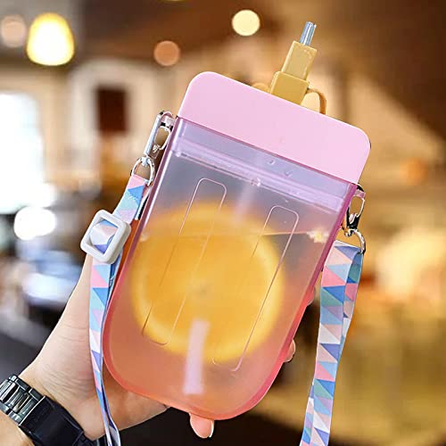 2 Pieces kawaii Water Bottles with Straw and Strap, Cute Plastic Camera Ice Cream Popsicle Cartoon Water Bottle Leakproof Water Cups Juice Drinking Bottle for School Girls Summer Outdoor