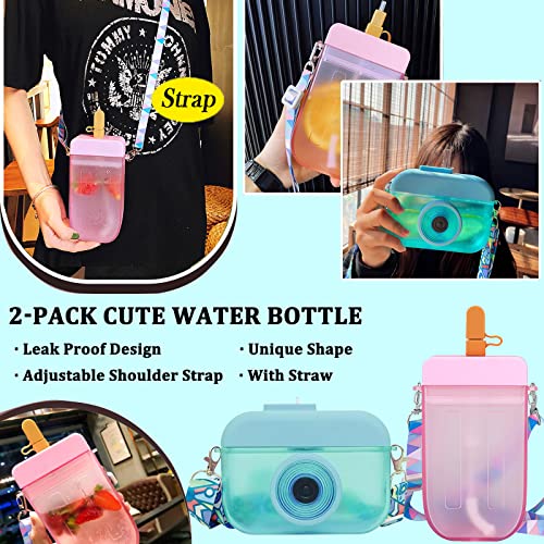 2 Pieces kawaii Water Bottles with Straw and Strap, Cute Plastic Camera Ice Cream Popsicle Cartoon Water Bottle Leakproof Water Cups Juice Drinking Bottle for School Girls Summer Outdoor