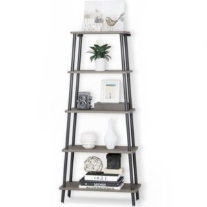 mxarltr 5 tiered bookshelf, ladder shelf etagere bookcase, wood and metal ladder bookshelf, display freestanding open storage rack for living room bedroom bathroom kitchen office, gray oak