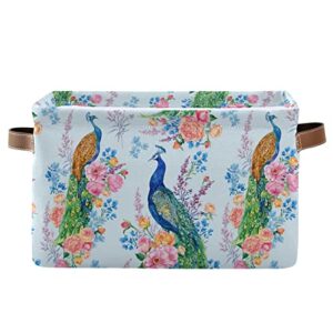 large storage basket peacock tropical animal cube storage bin canvas fabric organizer handles collapsible decorative bedroom