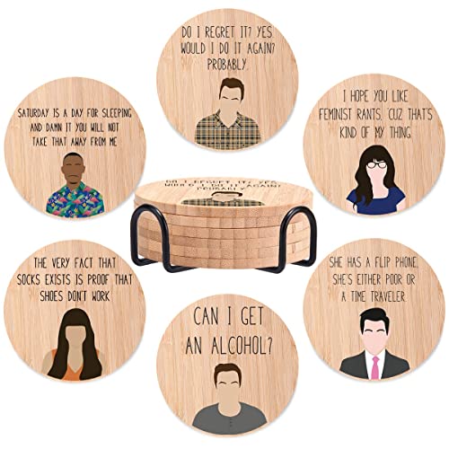 New Girl Bamboo Wood Coasters Set of 6, Funny Novelty Coasters for Drinks Absorbent with Holder