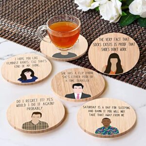 New Girl Bamboo Wood Coasters Set of 6, Funny Novelty Coasters for Drinks Absorbent with Holder