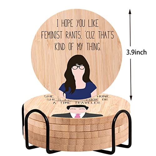 New Girl Bamboo Wood Coasters Set of 6, Funny Novelty Coasters for Drinks Absorbent with Holder