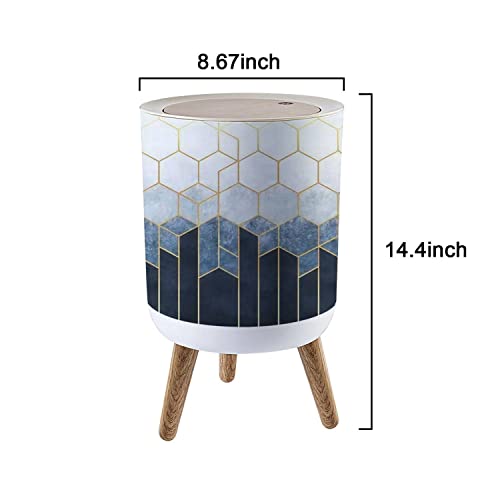 Small Trash Can with Lid Geometric abstraction of hexagons on a blue relief with gold elements Waste Bin with Wood Legs Press Cover Wastebasket Round Garbage Bin for Kitchen Bathroom Bedroom Office