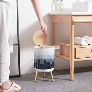 Small Trash Can with Lid Geometric abstraction of hexagons on a blue relief with gold elements Waste Bin with Wood Legs Press Cover Wastebasket Round Garbage Bin for Kitchen Bathroom Bedroom Office