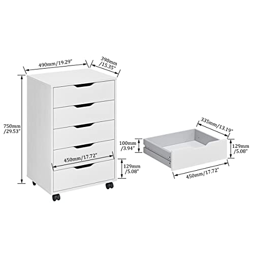 Panana 5/7 Drawer Chest, Wooden Tall Dresser Storage Dresser Cabinet with Wheels, Office Organization and Storage, Bedroom Furniture (White, 5 Drawer)