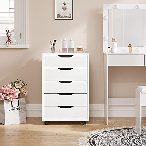 Panana 5/7 Drawer Chest, Wooden Tall Dresser Storage Dresser Cabinet with Wheels, Office Organization and Storage, Bedroom Furniture (White, 5 Drawer)